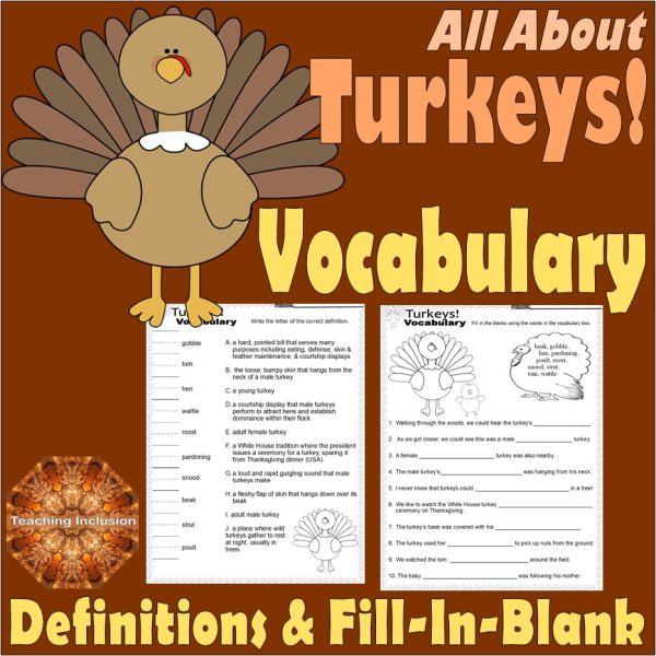 Turkey Vocabulary Words Thanksgiving Worksheets Definitions & Fill-In ...