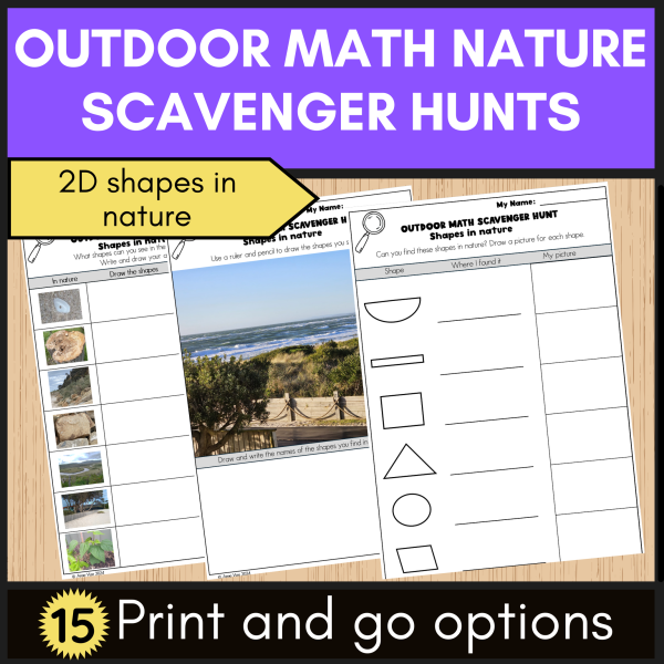 Scavenger hunt outdoor math in nature with 2D shapes printables for 1st ...