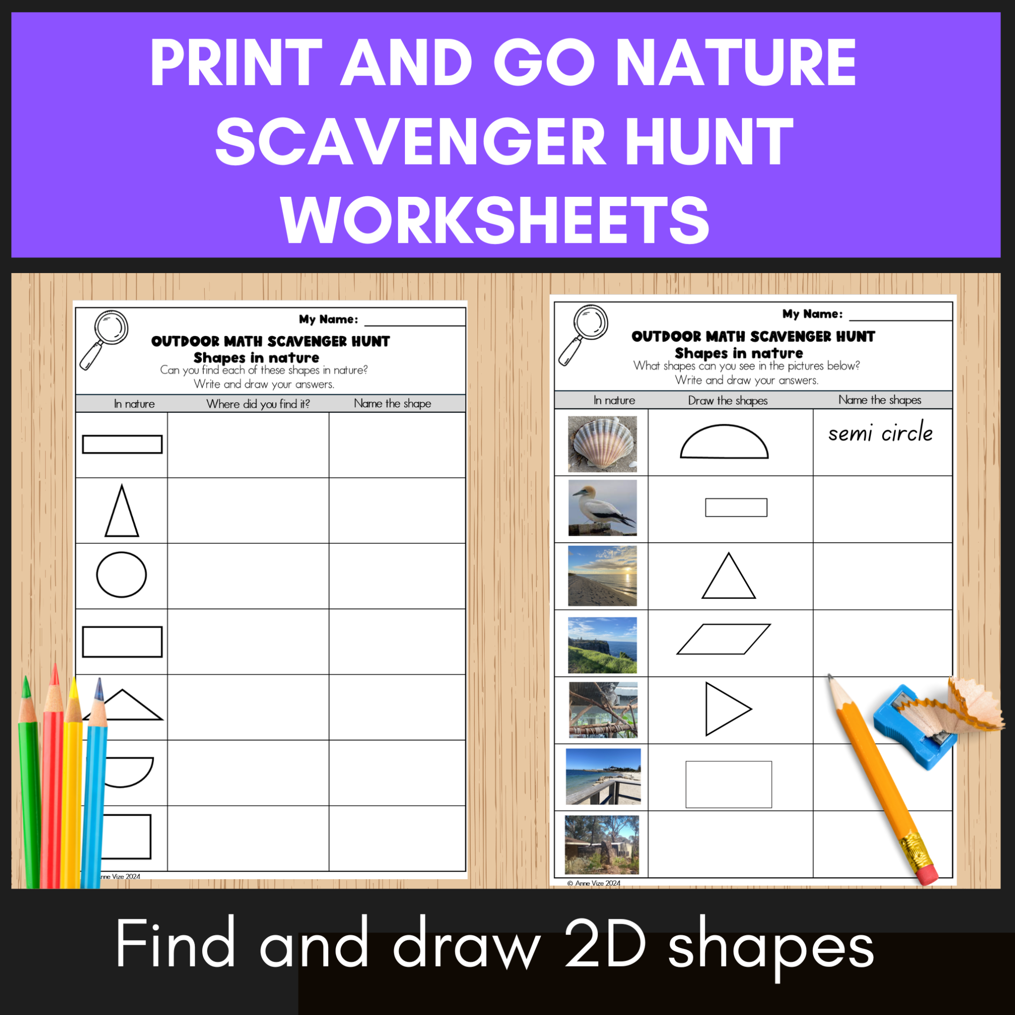 Scavenger hunt outdoor math in nature with 2D shapes printables for 1st ...