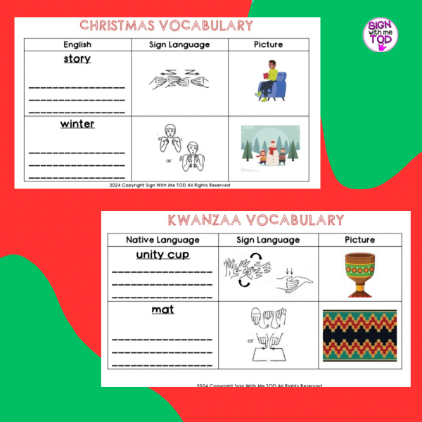 Deaf Education - ASL and English Holiday Vocabulary Workbook and ...