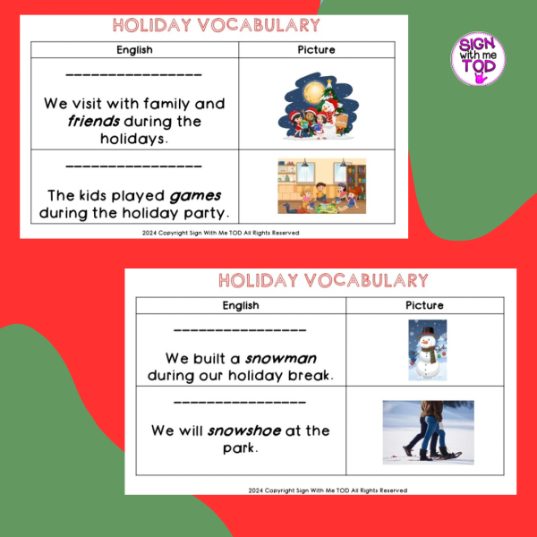Deaf Education - ASL and English Holiday Vocabulary Workbook and ...