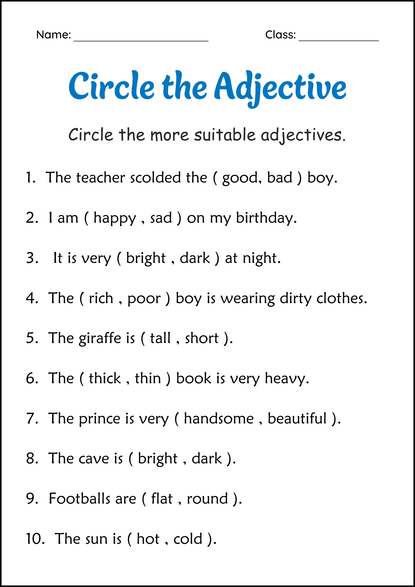 Circle the Adjectives Grammar Worksheets 2nd and 3rd Grade | Made By ...