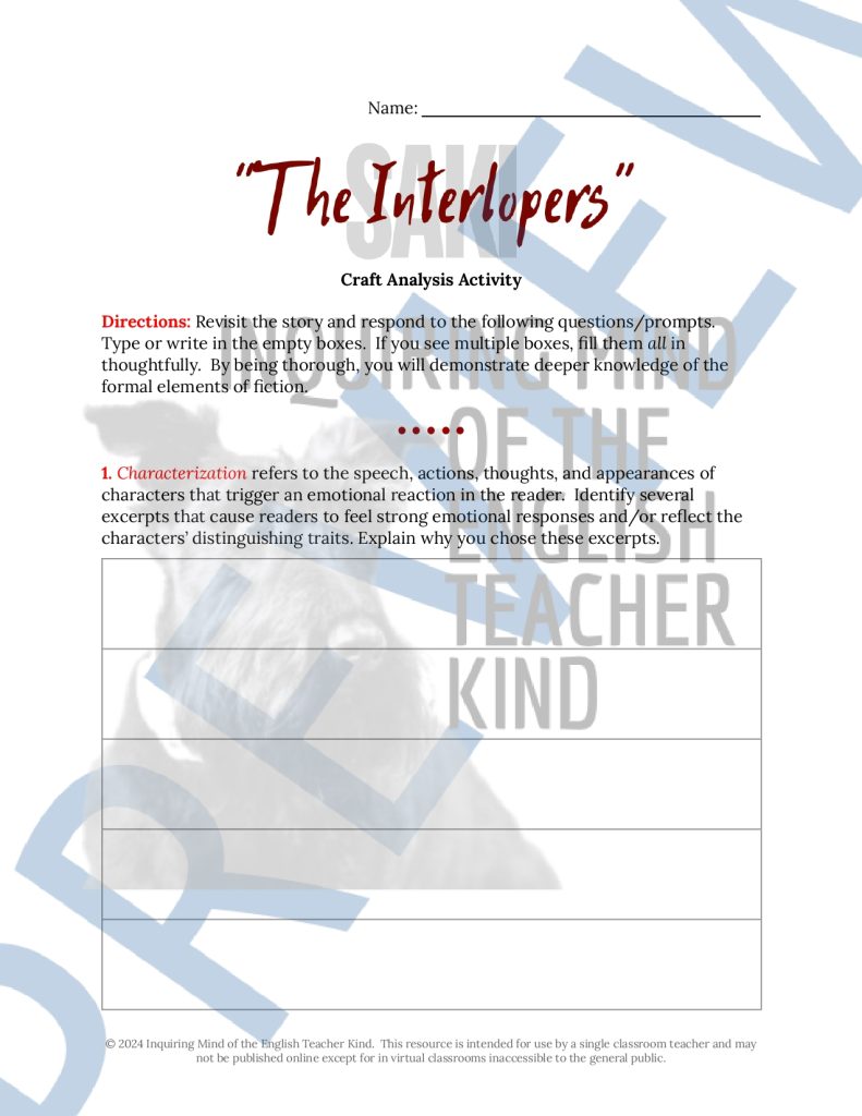 "The Interlopers" by Saki Literary Craft Analysis Worksheet for High ...