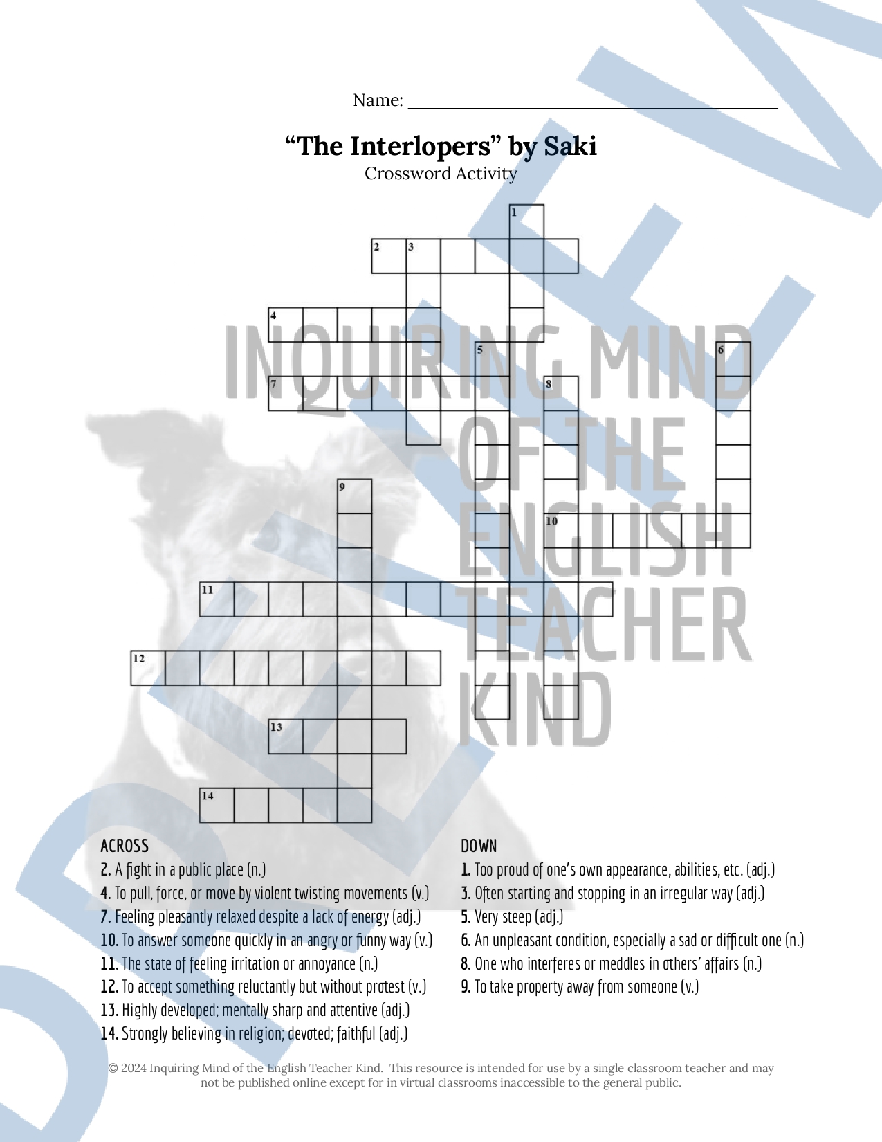 "The Interlopers" by Saki Vocabulary Games and Activities for High ...
