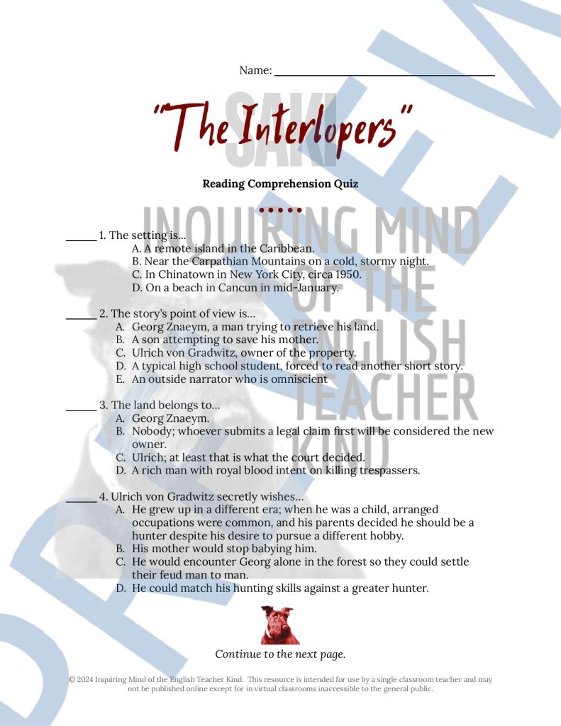 "The Interlopers" by Saki Quiz and Answer Key | Made By Teachers