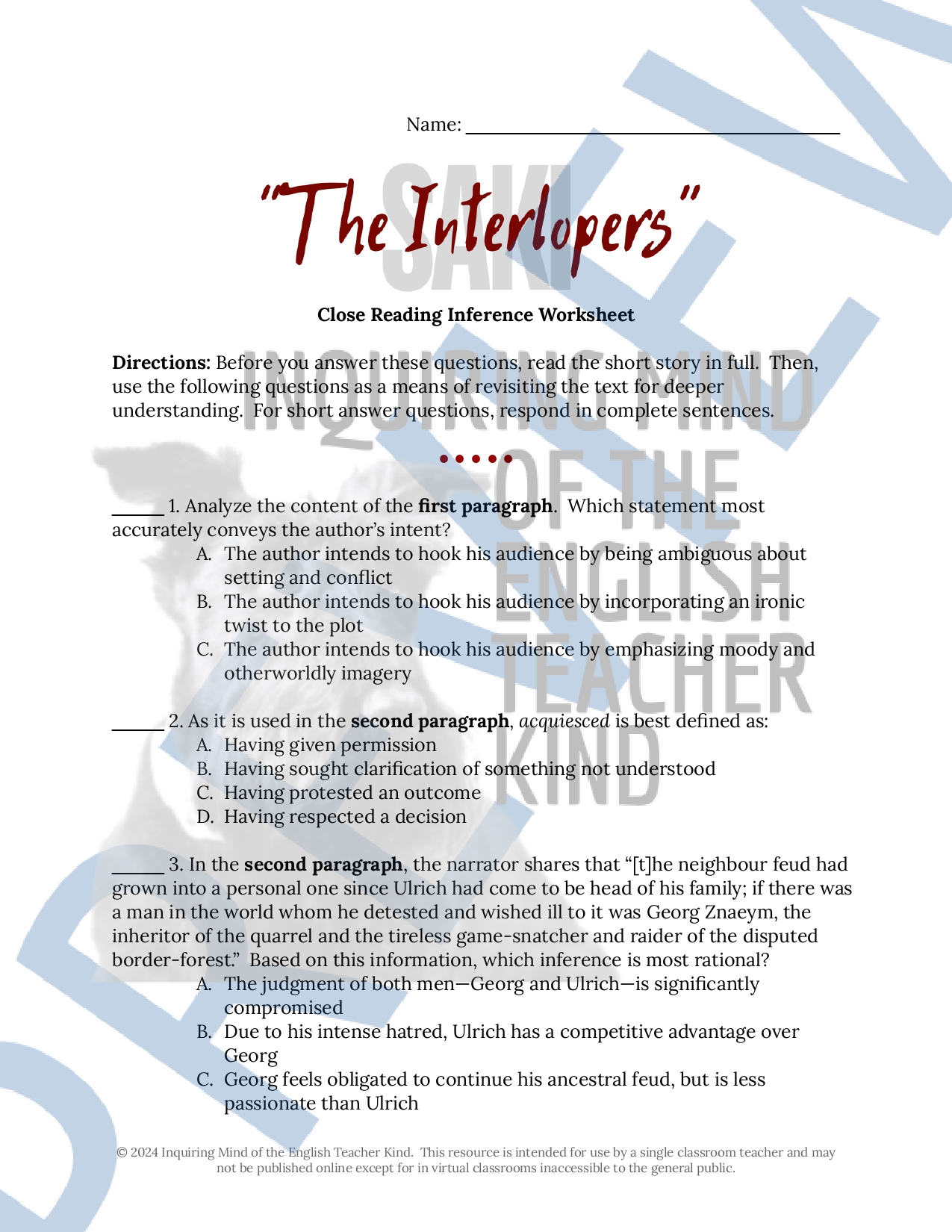 "The Interlopers" by Saki Quiz, Close Reading Activities, and ...