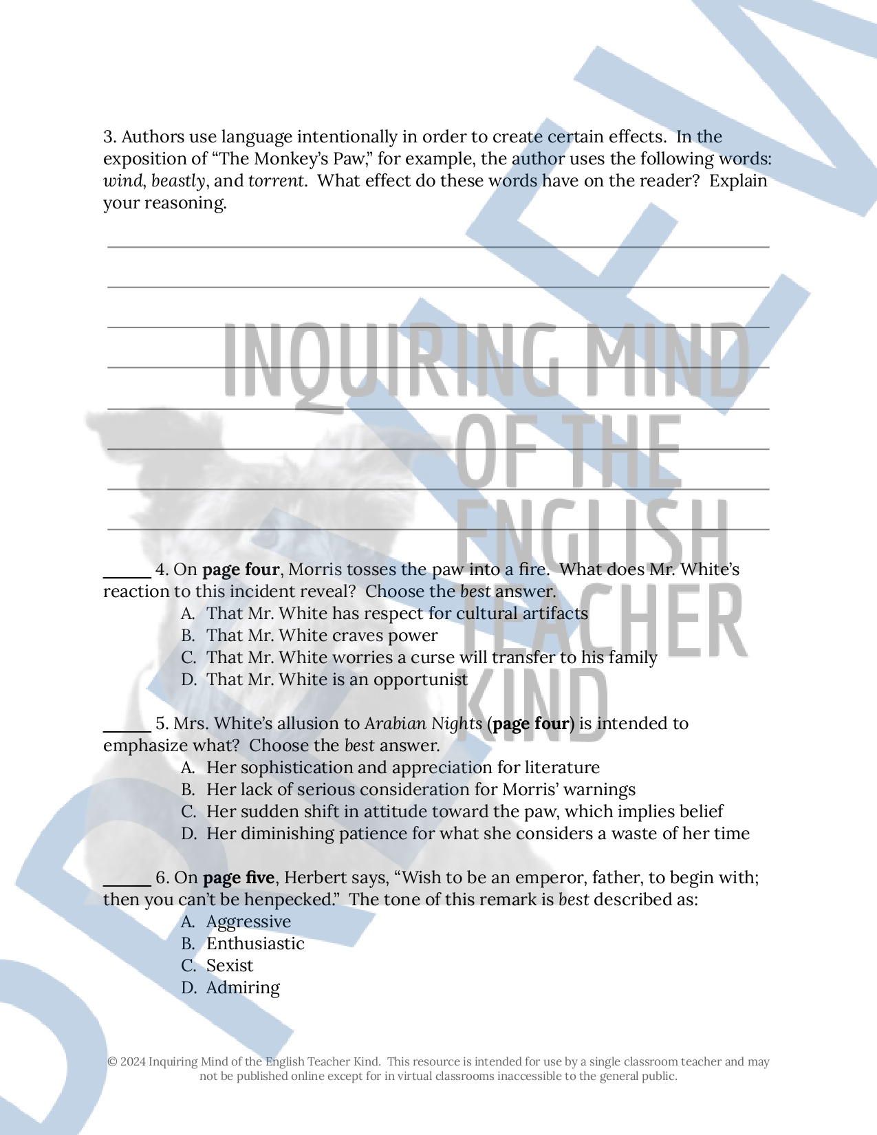 "The Monkey's Paw" by W. W. Jacobs Close Reading Inference Worksheet ...