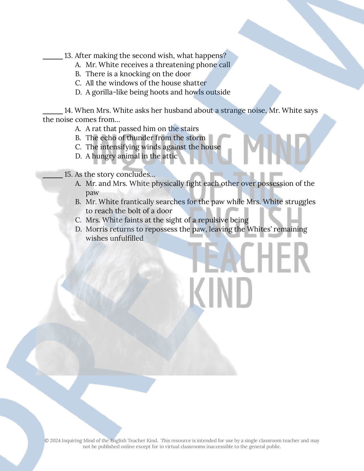 "The Monkey's Paw" Quiz, Close Reading Activities, and Vocabulary Games ...
