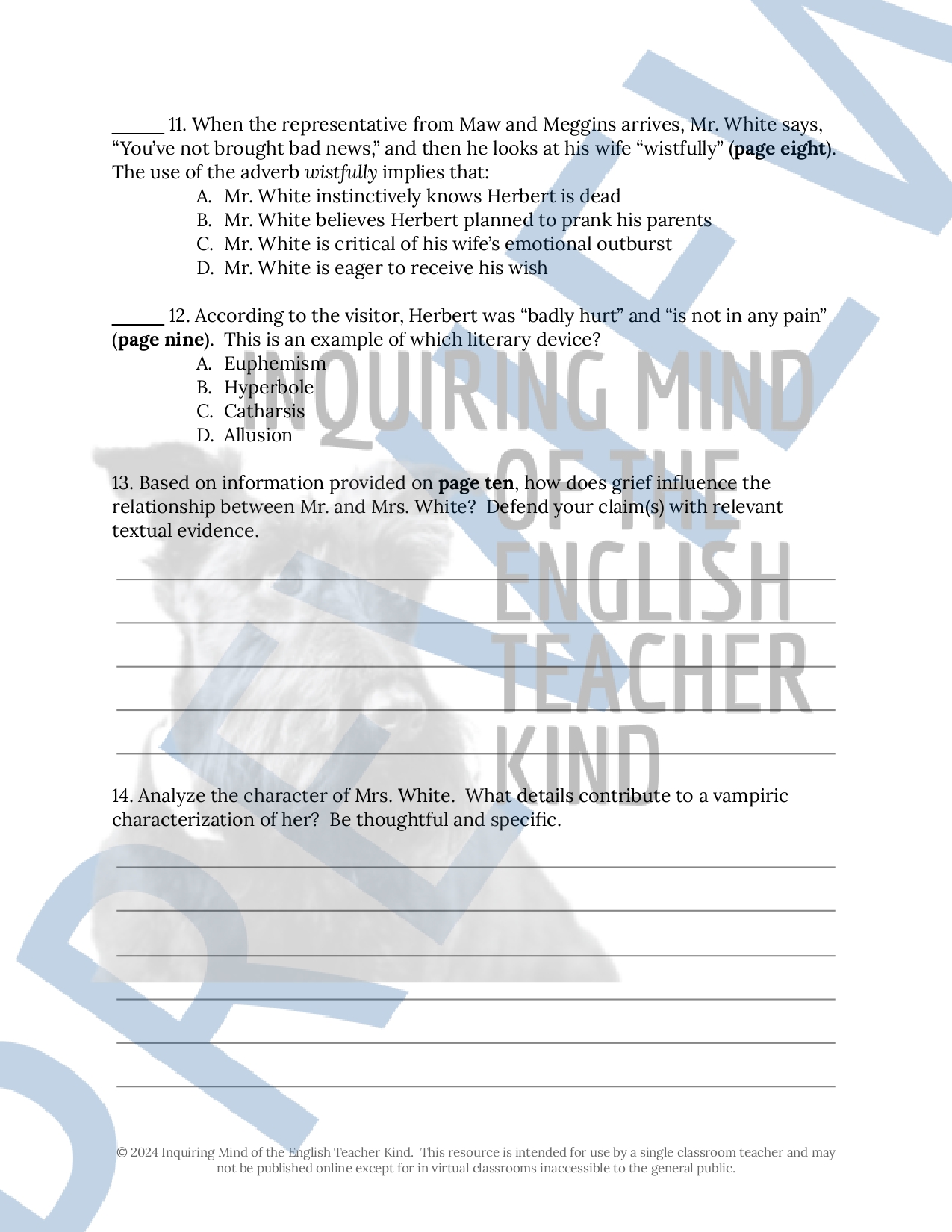 "The Monkey's Paw" Quiz, Close Reading Activities, and Vocabulary Games ...