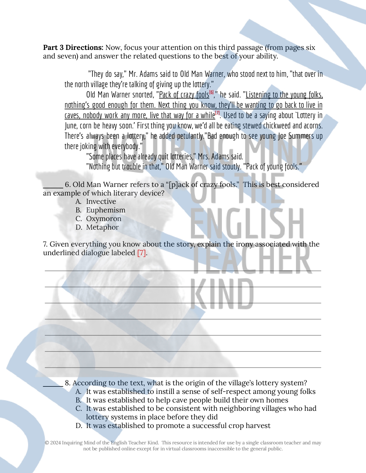 "The Lottery" by Shirley Jackson Close Reading Analysis Worksheet ...