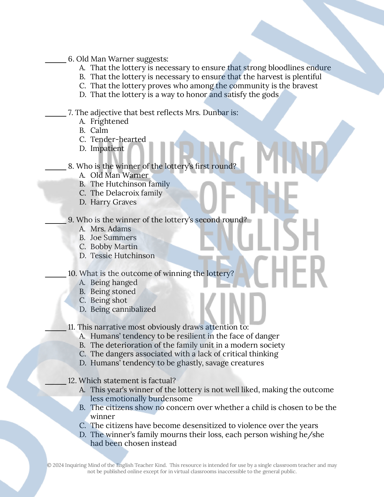"The Lottery" by Shirley Jackson Quiz, Reading Activities, and ...