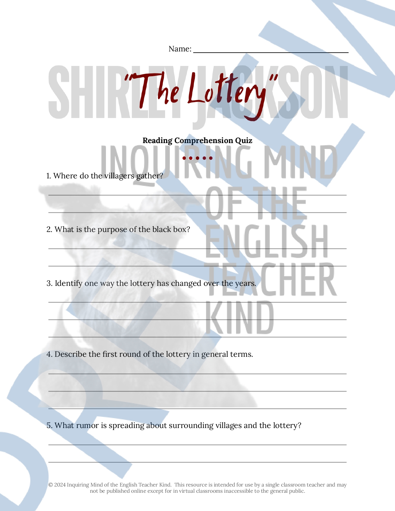 "The Lottery" by Shirley Jackson Quiz, Reading Activities, and ...