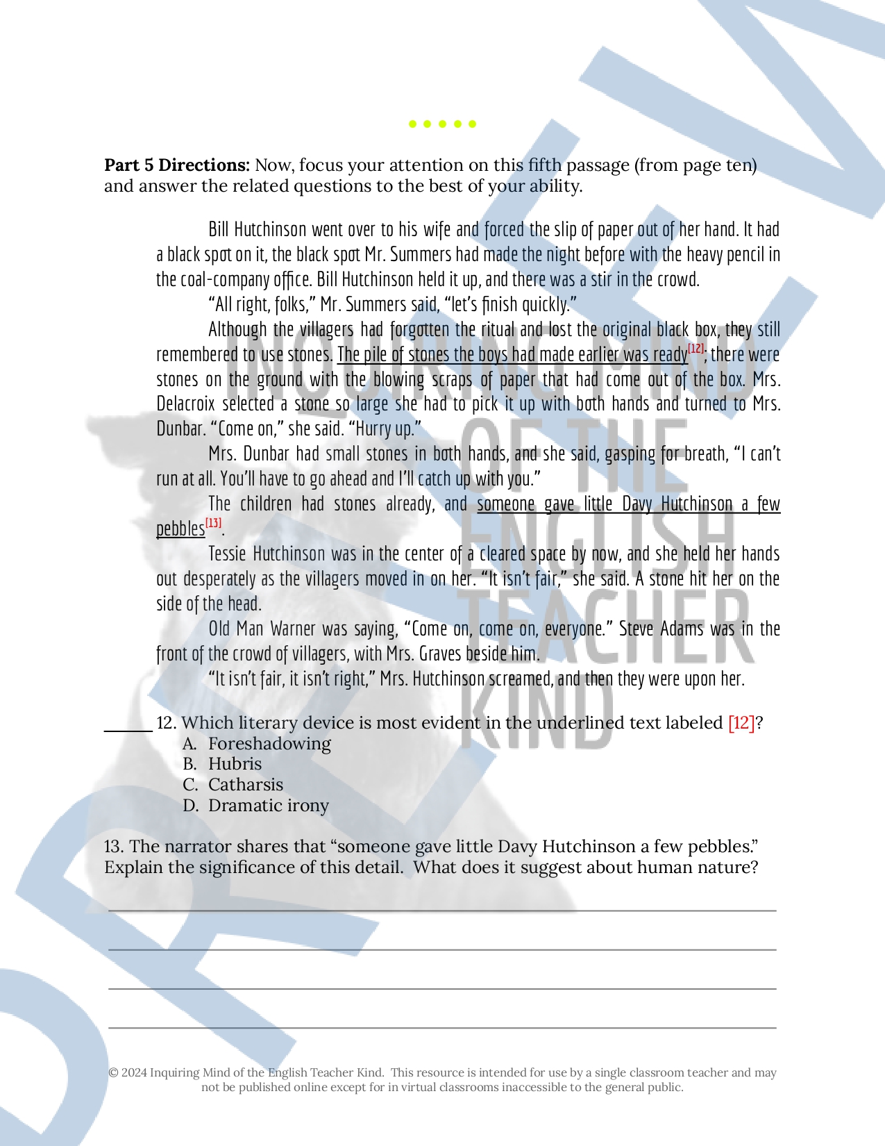 "The Lottery" by Shirley Jackson Quiz, Reading Activities, and ...