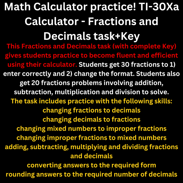 TI-30Xa Calculator - Fractions and Decimals Worksheet and Key - Made By ...