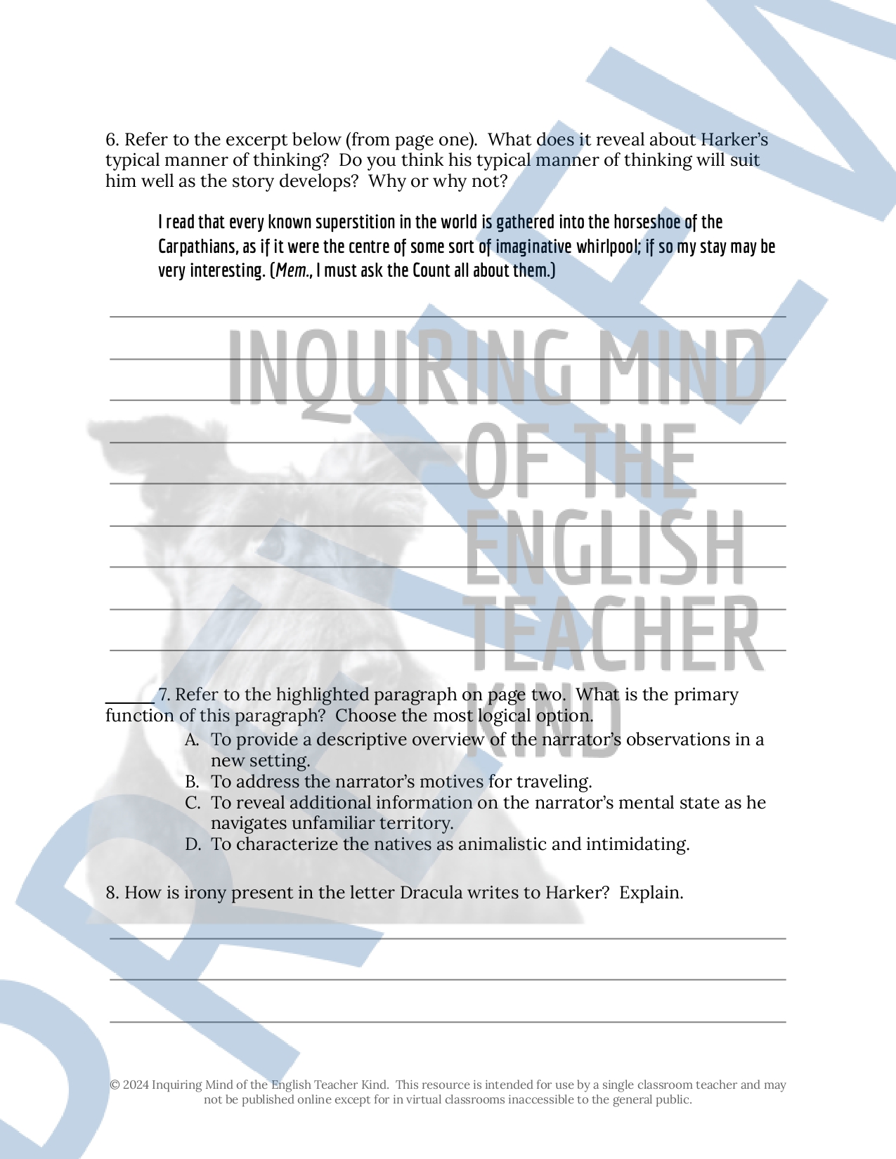 Dracula Chapter 1 Close Reading Analysis Worksheet and Answer Key ...