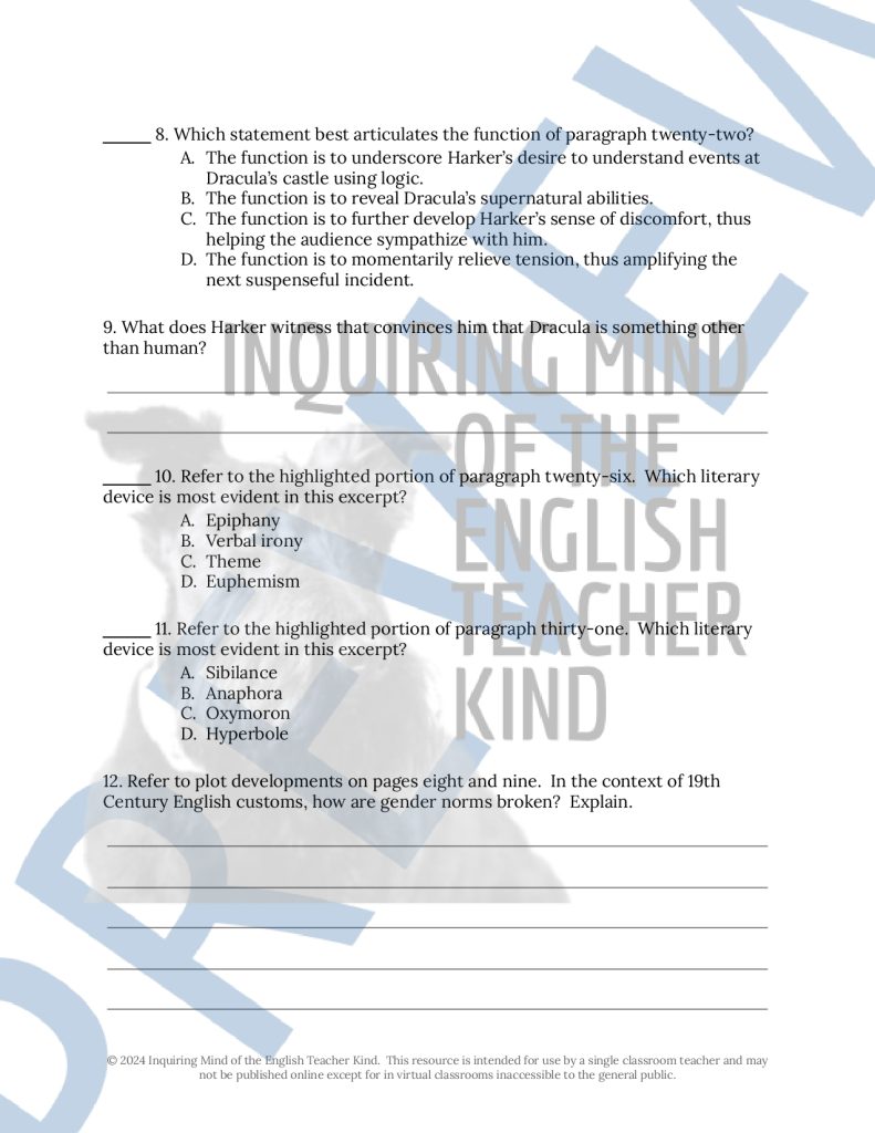 Dracula Chapter 3 Close Reading Analysis Worksheet and Answer Key ...