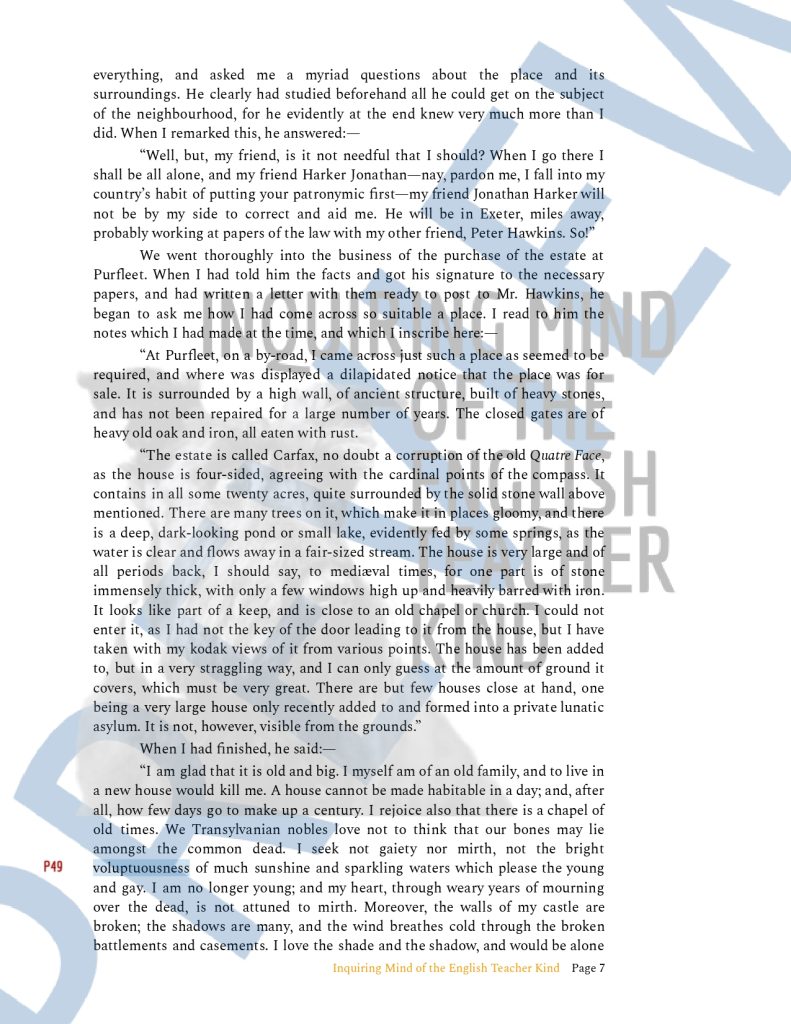 Dracula Chapter 2 Close Reading Analysis Worksheet and Answer Key ...