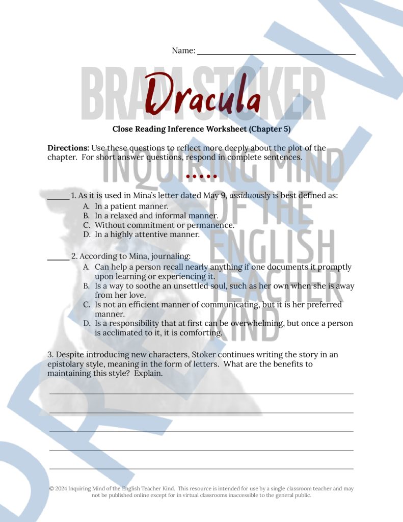 Dracula Chapter 5 Close Reading Analysis Worksheet and Answer Key ...
