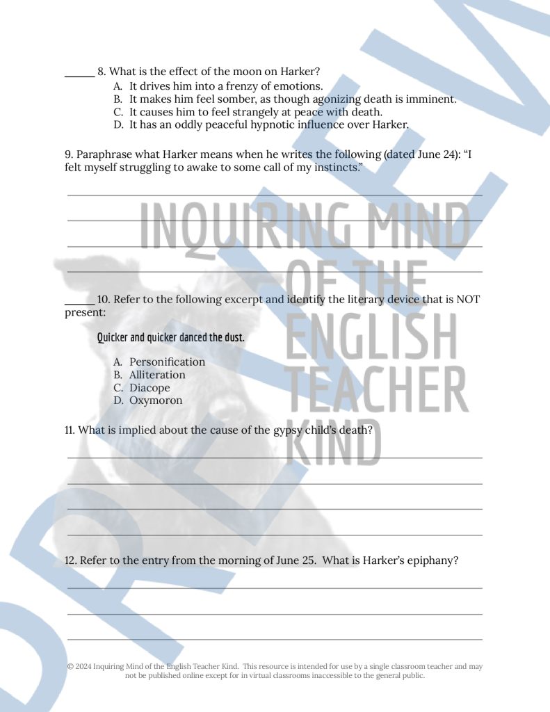 Dracula Chapter 4 Close Reading Analysis Worksheet and Answer Key ...