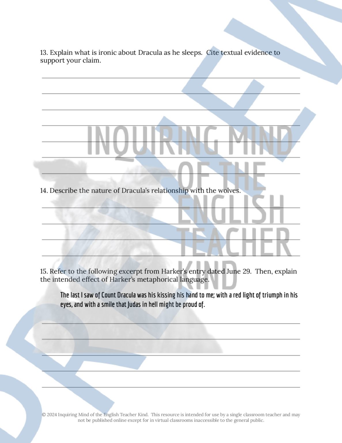 Dracula Chapter 4 Close Reading Analysis Worksheet and Answer Key ...