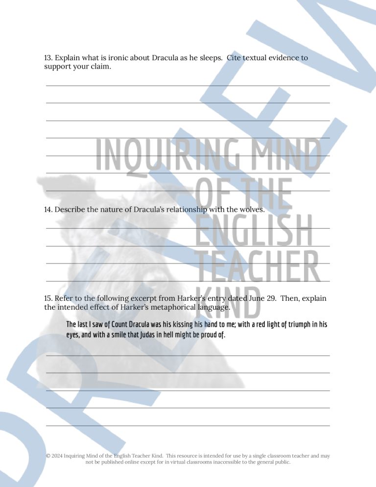 Dracula Chapter 4 Close Reading Analysis Worksheet and Answer Key ...