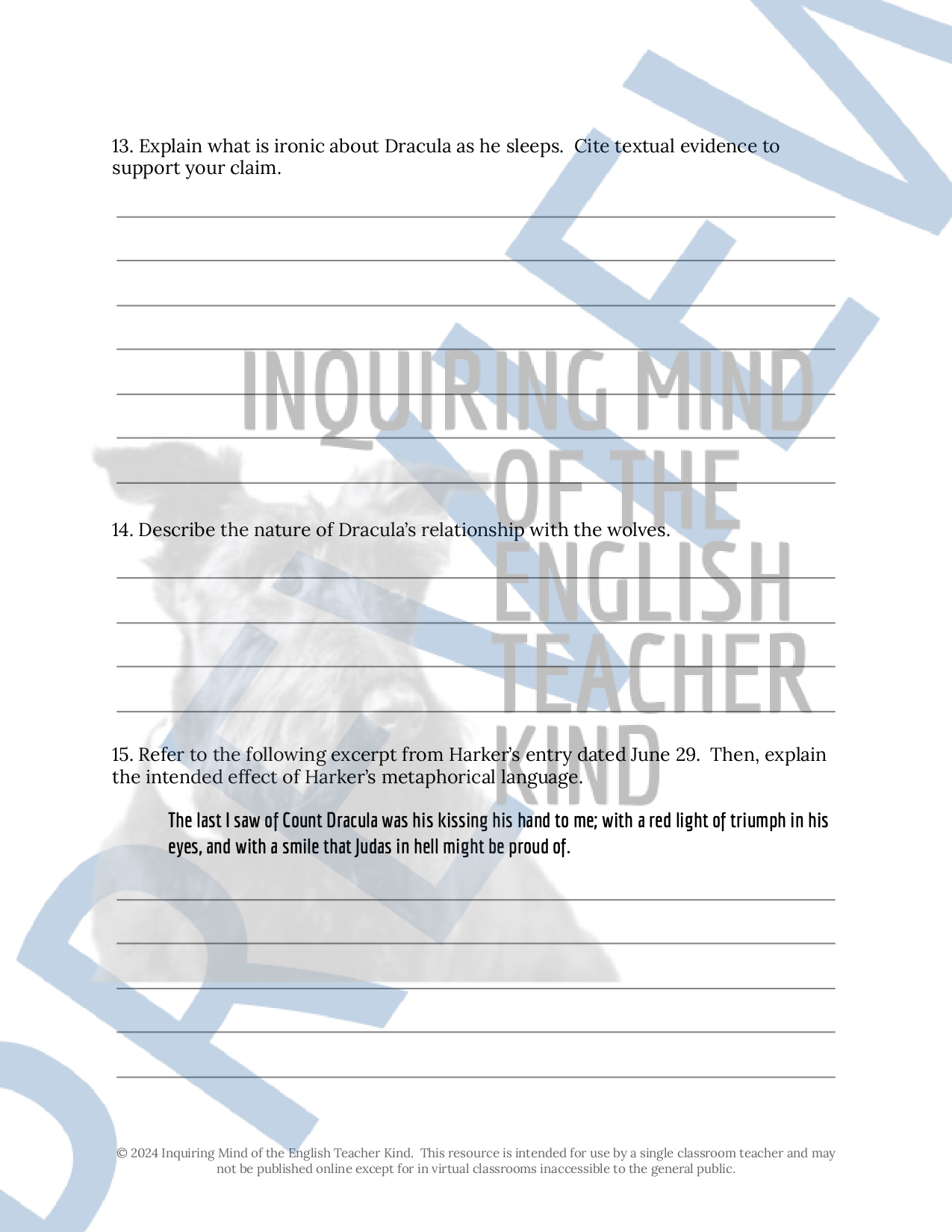 Dracula Chapter 4 Close Reading Analysis Worksheet and Answer Key ...
