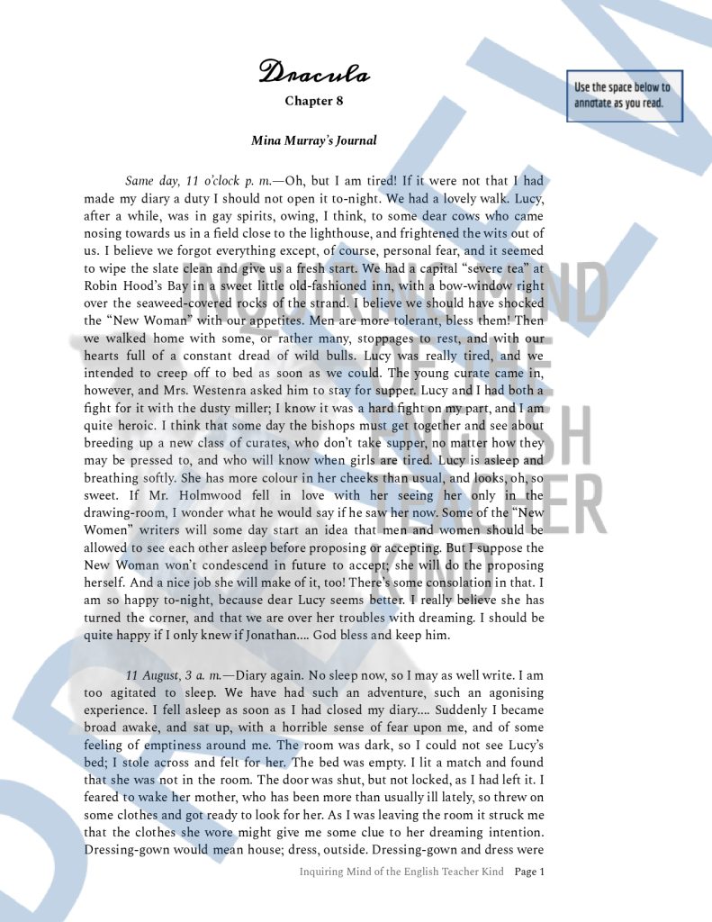 Dracula Chapter 8 Close Reading Analysis Worksheet and Answer Key ...