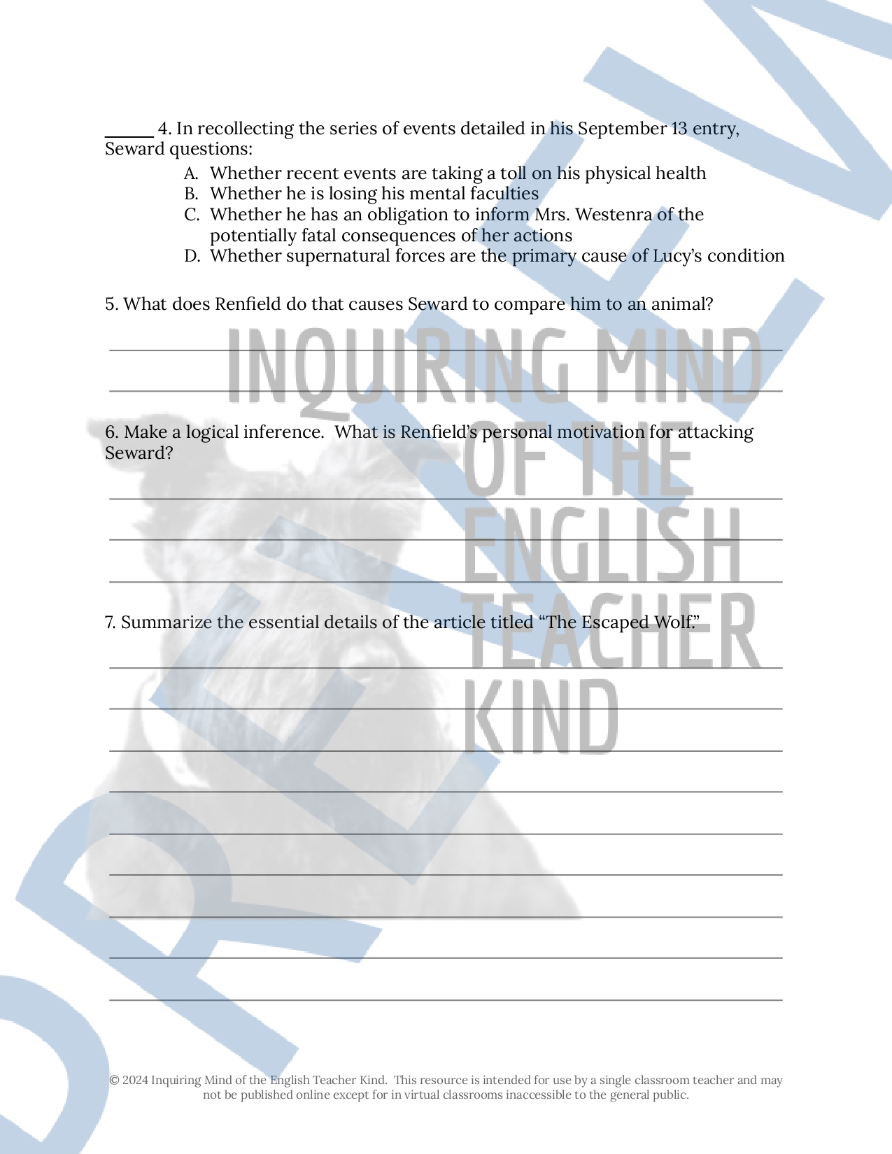 Dracula Chapter 11 Close Reading Analysis Worksheet and Answer Key ...