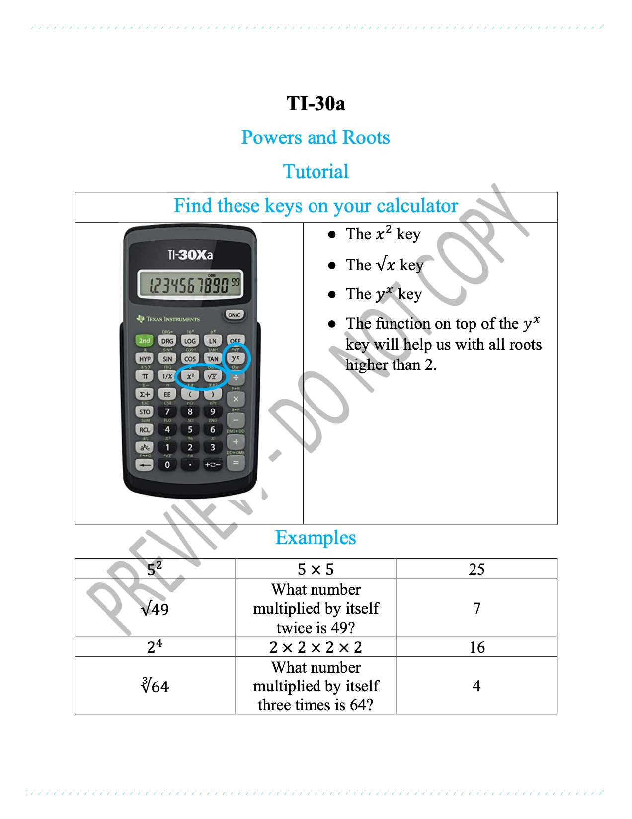Calculator Bundle! TI-30Xa Calculator Exponents and Roots TASK and ...