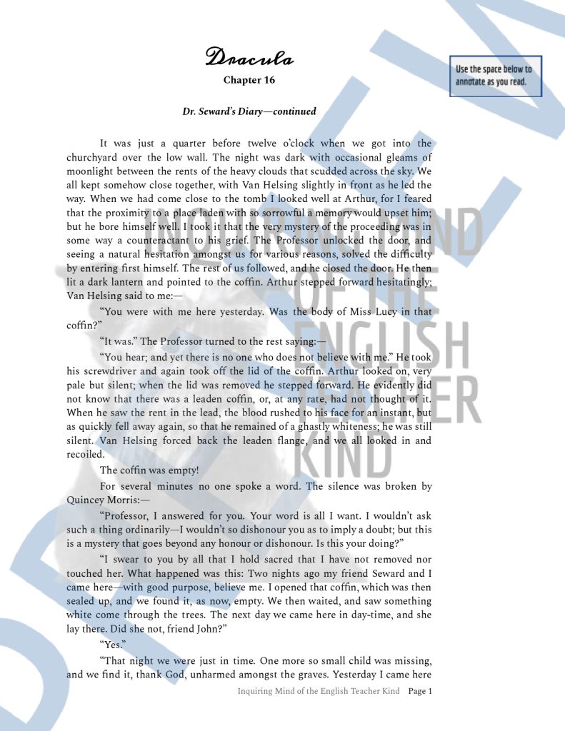 Dracula Chapter 16 Close Reading Analysis Worksheet and Answer Key ...