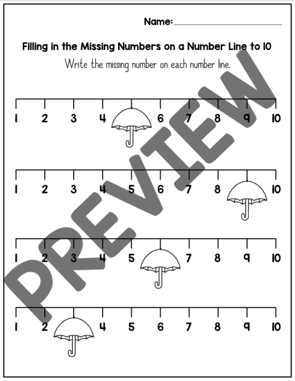 Missing Numbers on a Number Line Fall Worksheets | Counting to 10 and ...