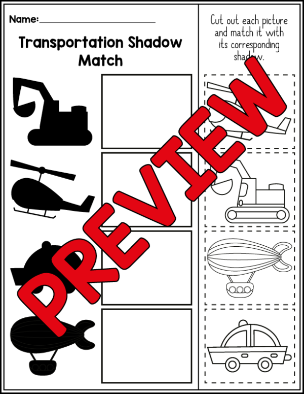 Transportation Shadow Matching | Cut & Paste Printables / Worksheets ...
