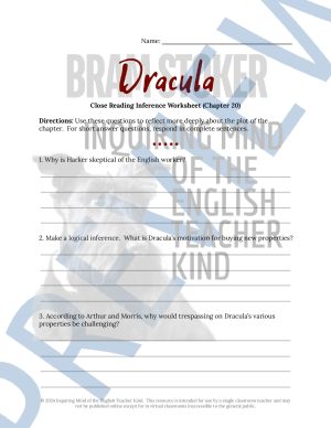 Dracula Chapter 20 Close Reading Analysis Worksheet and Answer Key ...