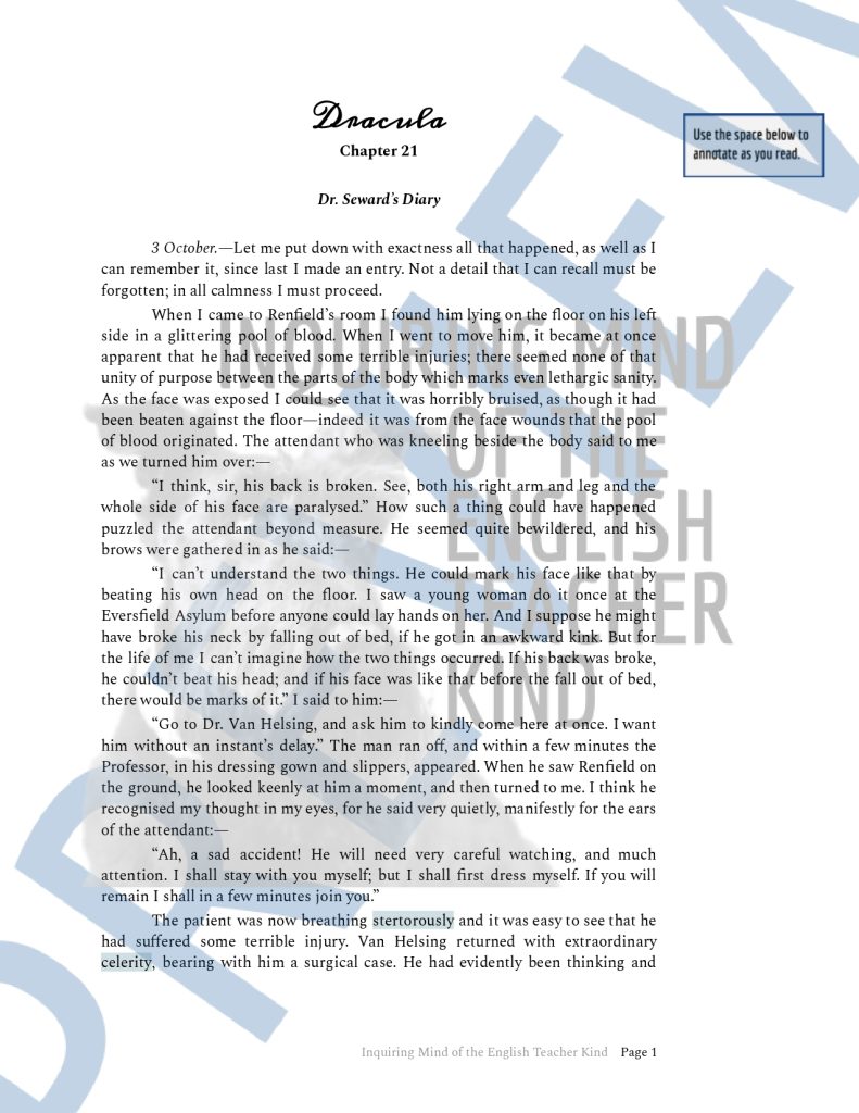 Dracula Chapter 21 Close Reading Analysis Worksheet and Answer Key ...