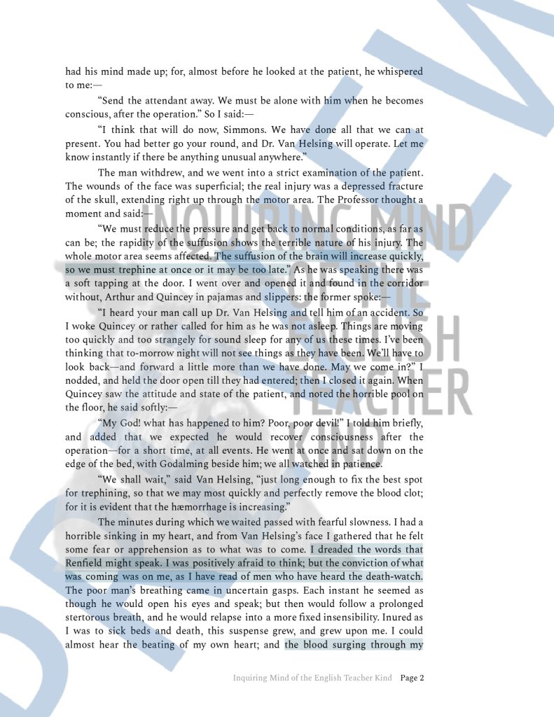 Dracula Chapter 21 Close Reading Analysis Worksheet and Answer Key ...