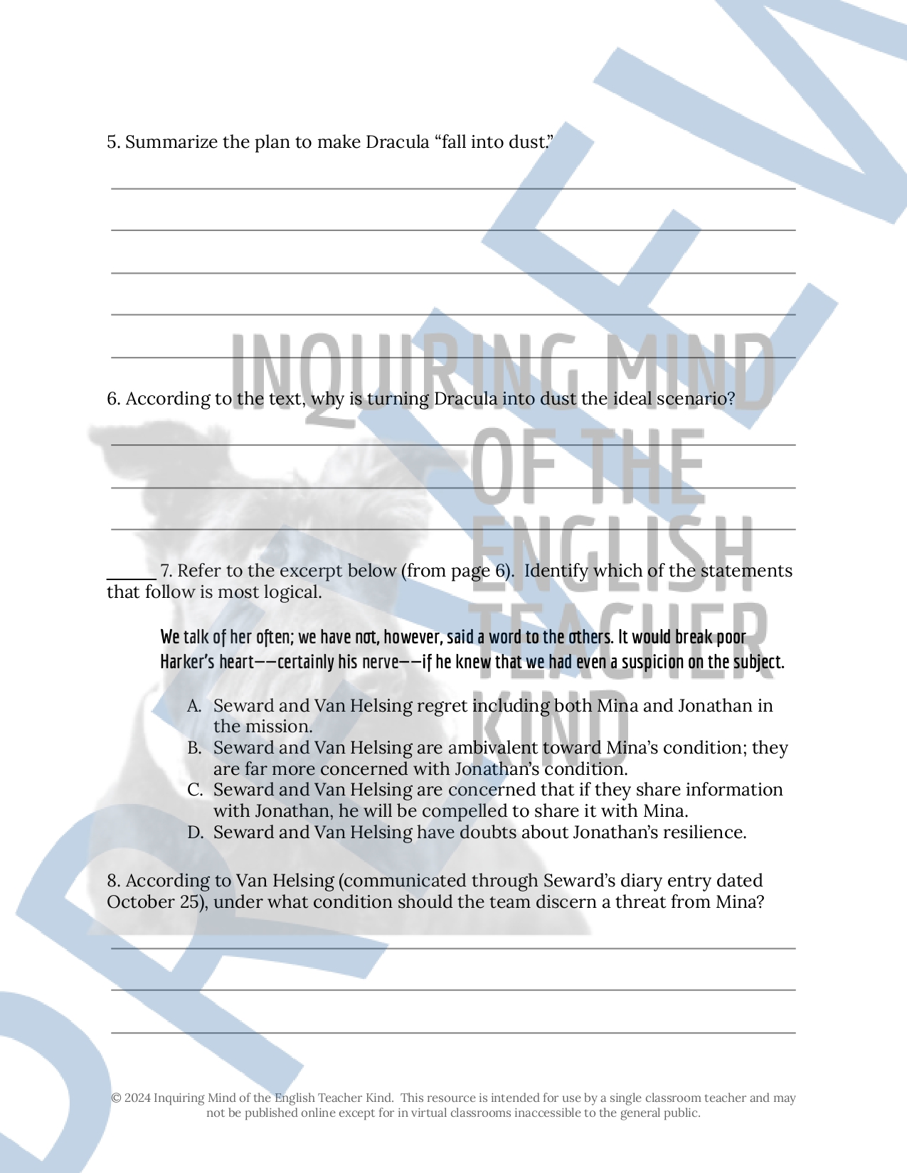 Dracula Chapter 25 Close Reading Analysis Worksheet and Answer Key ...