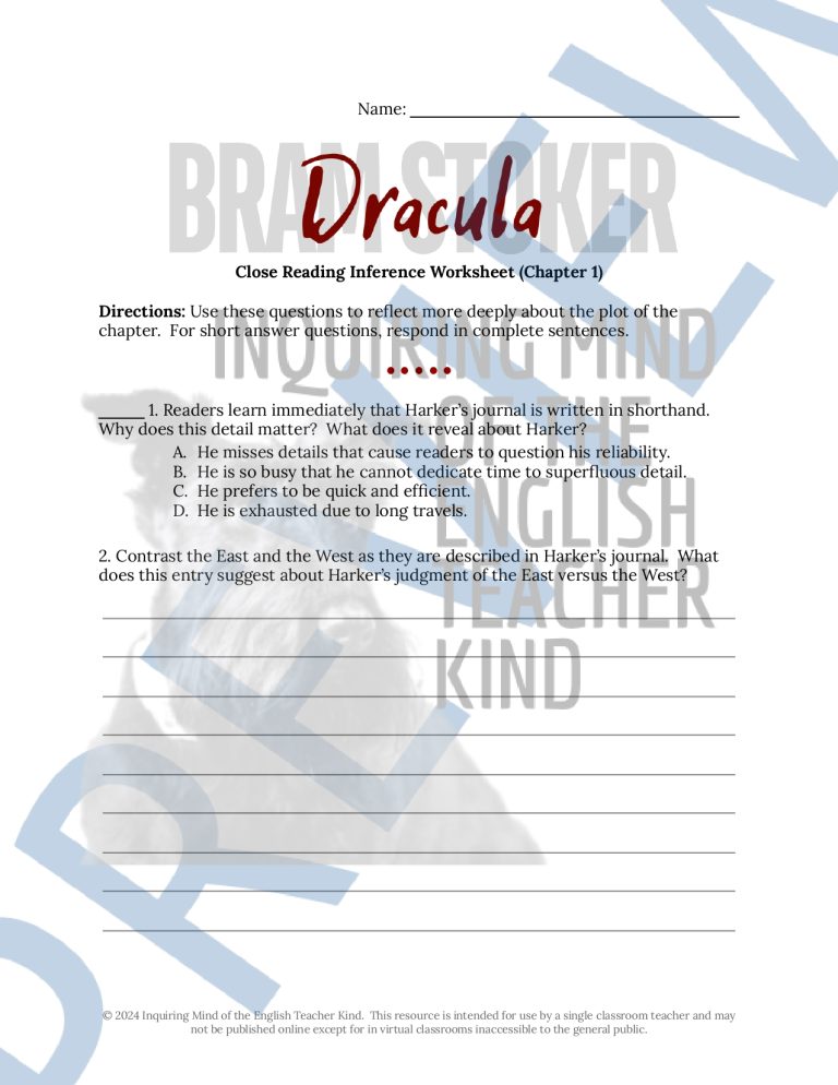 Dracula by Bram Stoker Close Reading Analysis Worksheets Bundle with ...