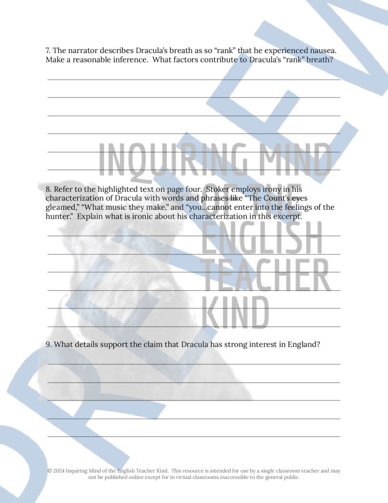 Dracula by Bram Stoker Close Reading Analysis Worksheets Bundle with ...