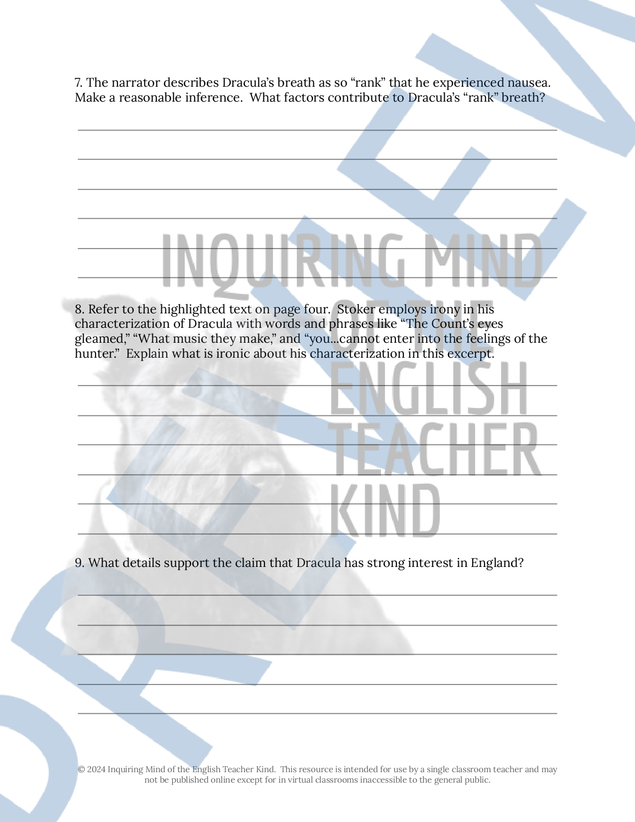 Dracula by Bram Stoker Close Reading Analysis Worksheets Bundle with ...