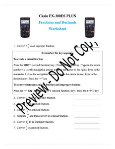 Casio fx-300ES Plus Calculator - Fractions and Decimals Worksheet and ...