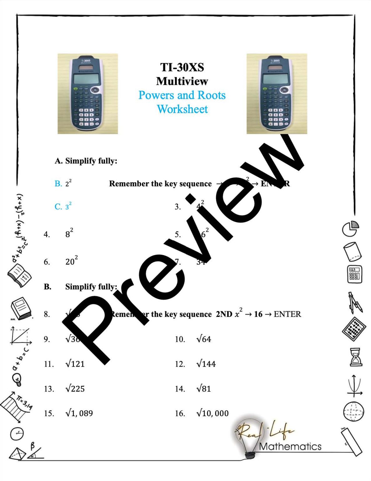Exponents and Roots Worksheet (with Key) for your TI-30XS Multiview ...