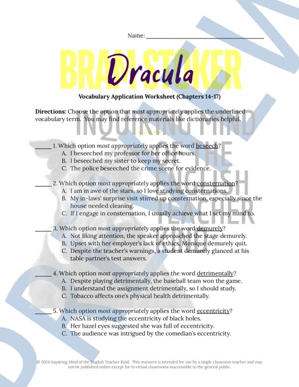 Dracula by Bram Stoker Chapters 14-17 Vocabulary Games for High School ...