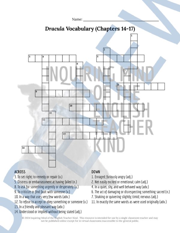 Dracula by Bram Stoker Chapters 14-17 Vocabulary Games for High School ...