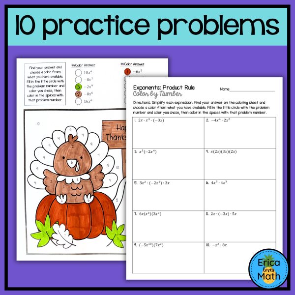 Expressions with Exponents (Product Rule) Thanksgiving Color by Number ...