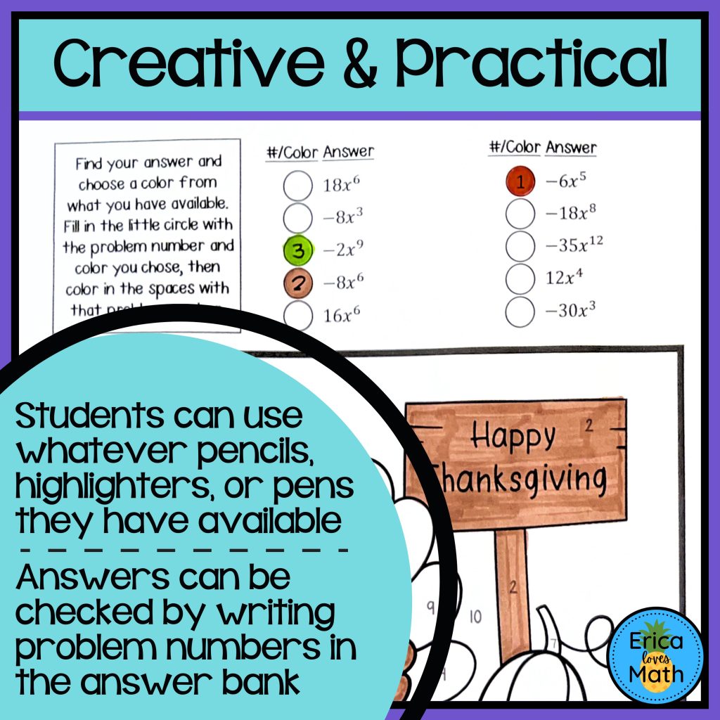 Expressions with Exponents (Product Rule) Thanksgiving Color by Number ...