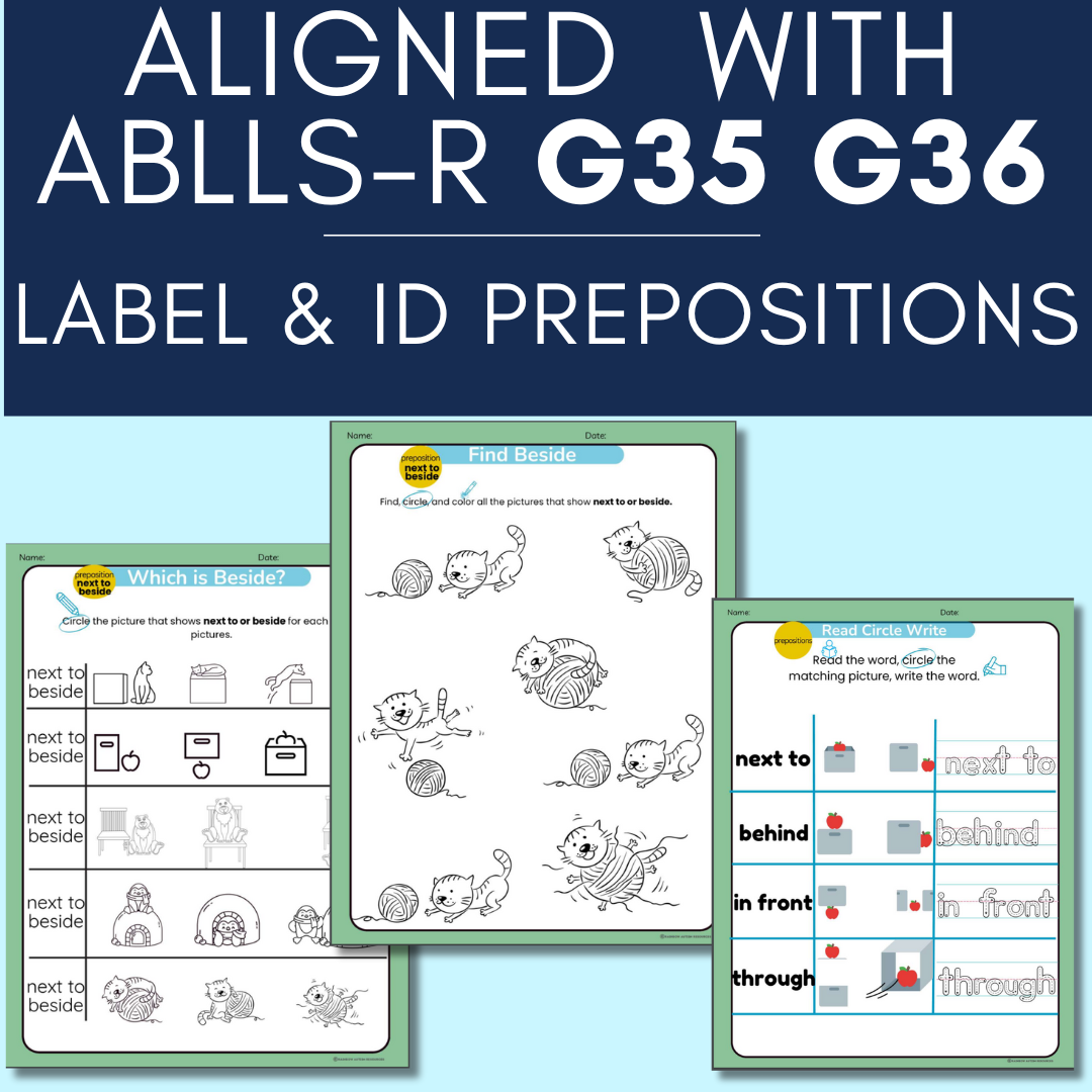 Preposition Worksheet Bundle Aligned w ABLLS C51 G35 G36 Label ID ...