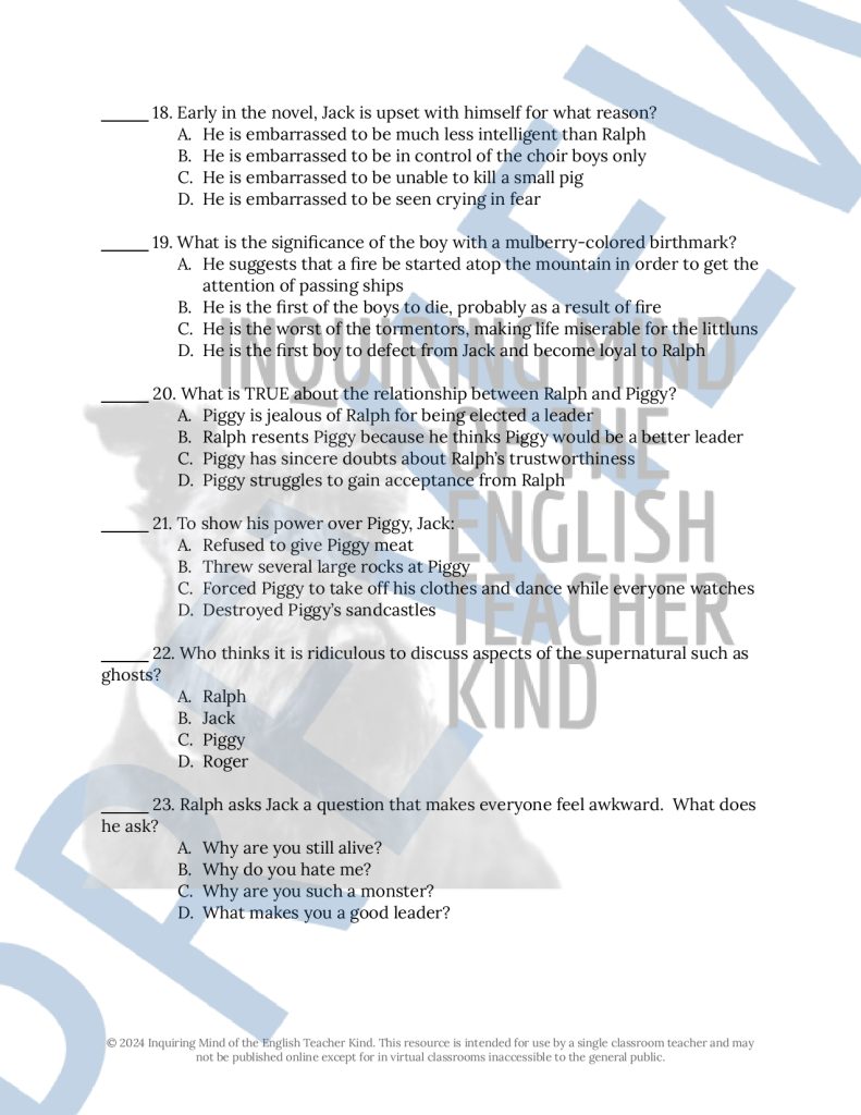 Lord of the Flies Test and Answer Key | Characters | Plot | Literary ...