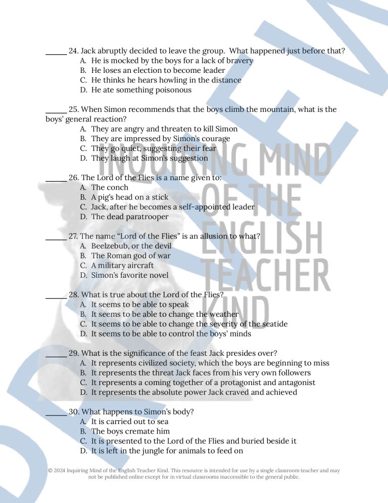 Lord of the Flies Test and Answer Key | Characters | Plot | Literary ...