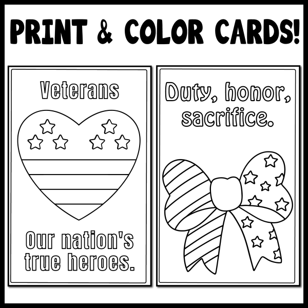 Veterans Day Thank You Cards Coloring & Writing Page - Veterans ...