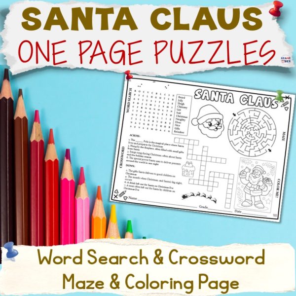 Santa Claus Christmas Placemat Word Search Crossword Maze Coloring XMAS ...